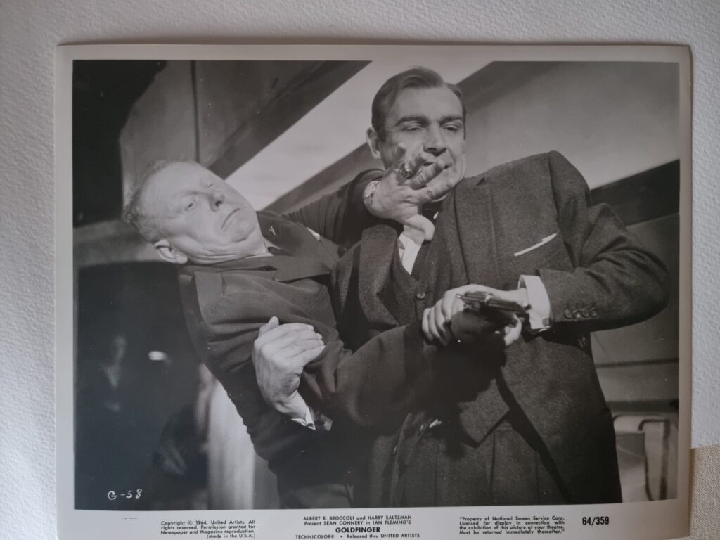GOLDFINGER 8×10.25 still 1964 Sean Connery as James Bond wrestling gun ...